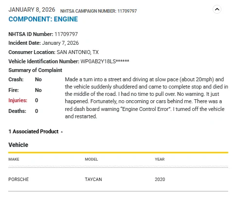 NHTSA Complaint - Driving 20 mph, Taycan shuddered and stopped. Red ...